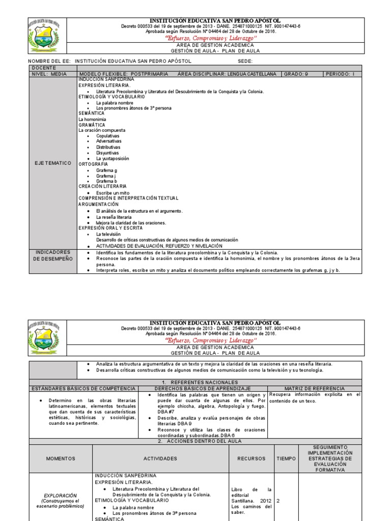 Formato Plan Aula Lengua Castellana 9° | PDF | Comprensión lectora ...