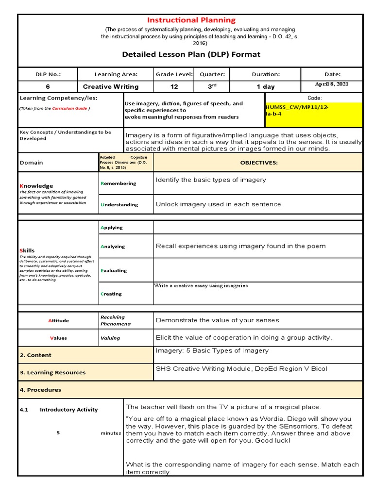 Detailed Lesson Plan (DLP) Format: Instructional Planning | PDF | Senses | Mental Image