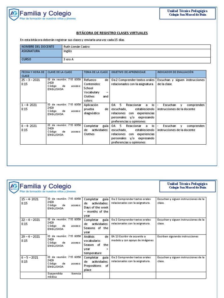 Bitácora clases virtuales inglés 3°A | PDF | La naturaleza humana | Enseñando