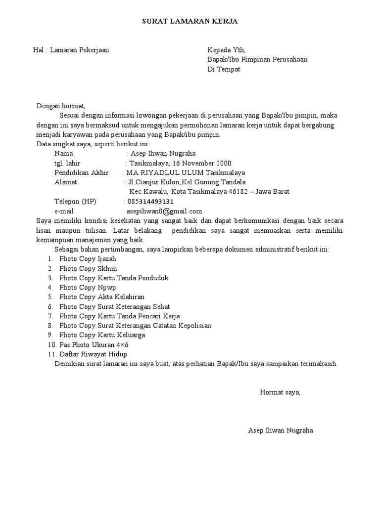 Surat Lamaran Kerja Asep | PDF