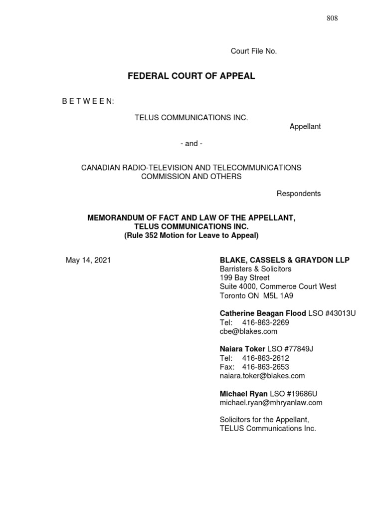 Factum - Federal Court of Appeal | PDF | Roaming | Telecommunication