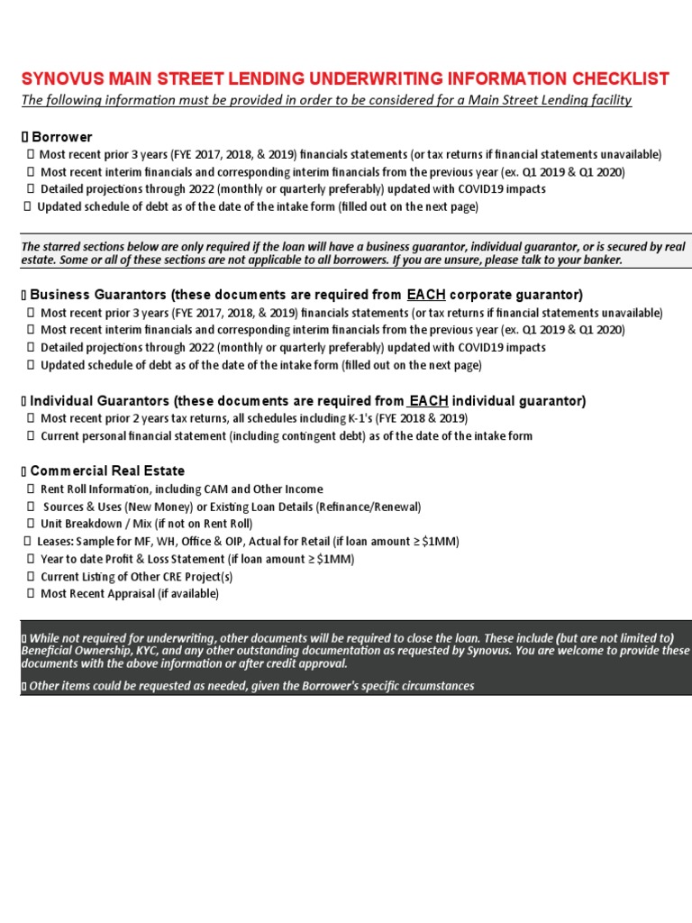 Synovus Main Street Lending Underwriting Information Checklist - 7!6 ...