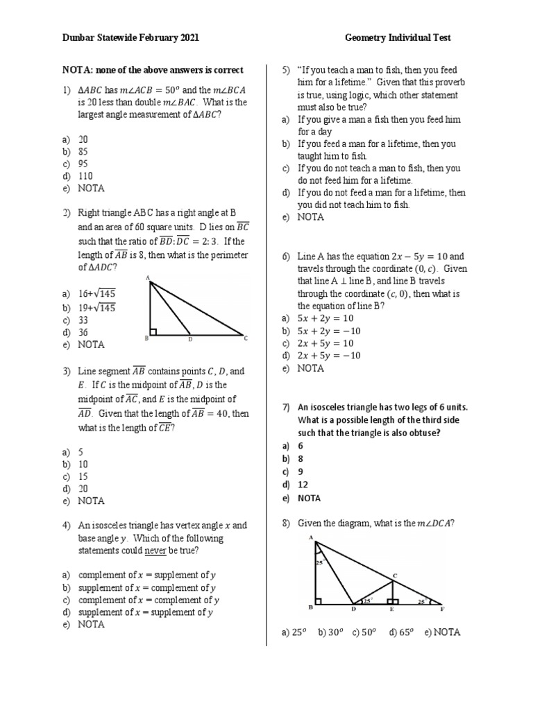 Dunbar Statewide February 2021 Geometry Individual Test | PDF ...