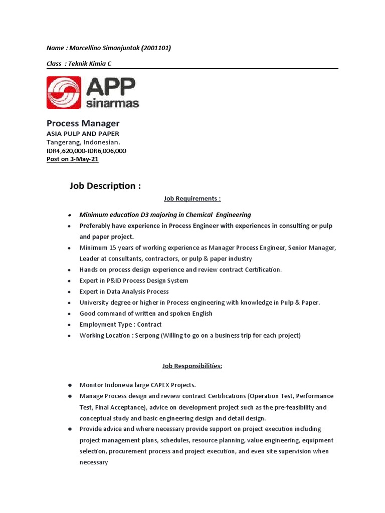 Process Manager: Job Description | PDF | Paper | Business