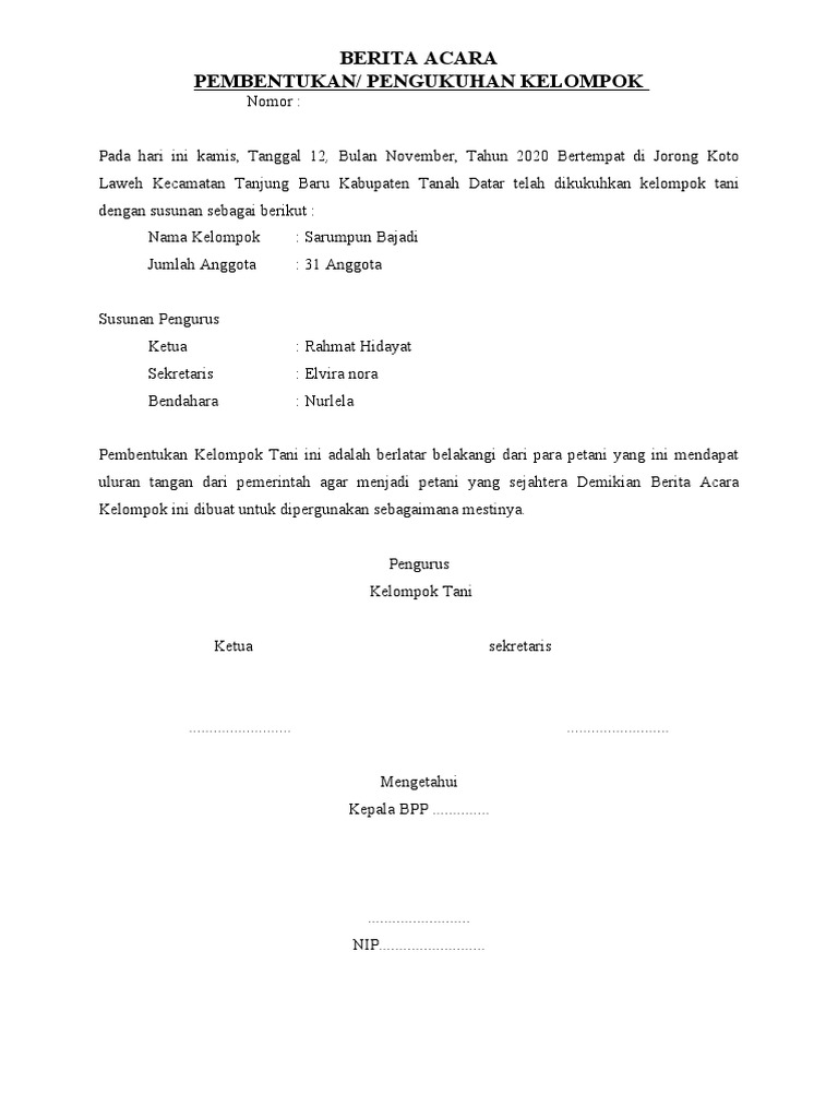 Berita Acara Pembentukan Dan Pengukuhan Kelompok Tani | PDF