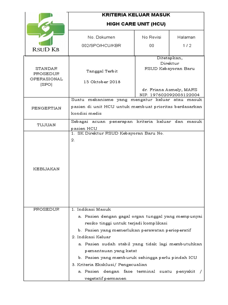02.sop Indikasi Keluar Masuk Hcu Fix | PDF