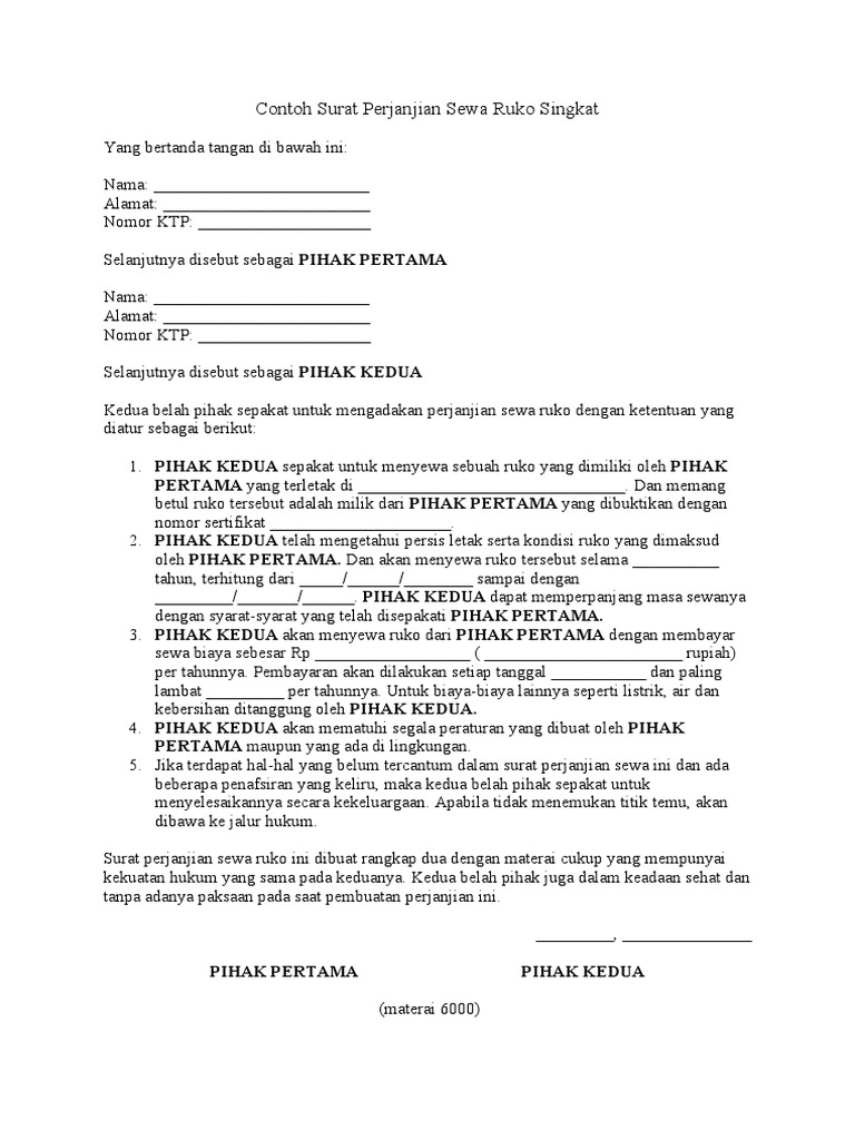 Contoh Surat Perjanjian Sewa Ruko Singkat | PDF