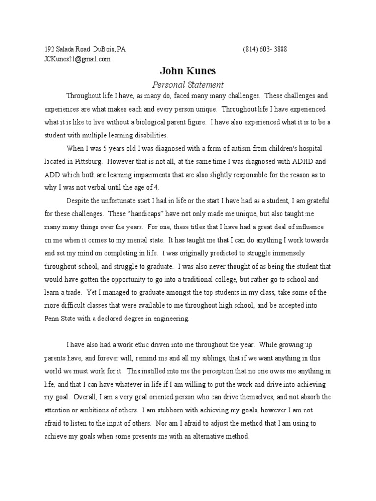 Personal Statement | PDF | Learning Disability | Disability