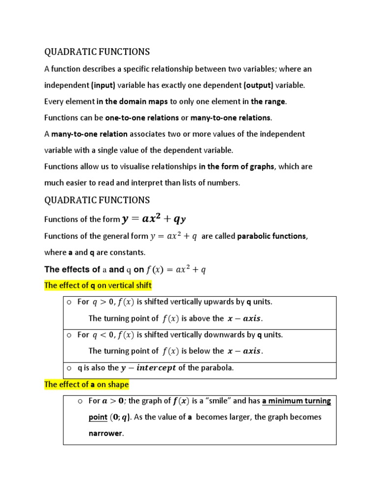Quadratic Functions Explain | PDF | Quadratic Equation | Function ...
