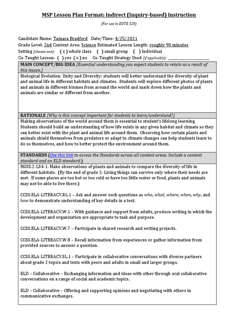 MSP Lesson Plan Format: Indirect (Inquiry-Based) Instruction | Download ...