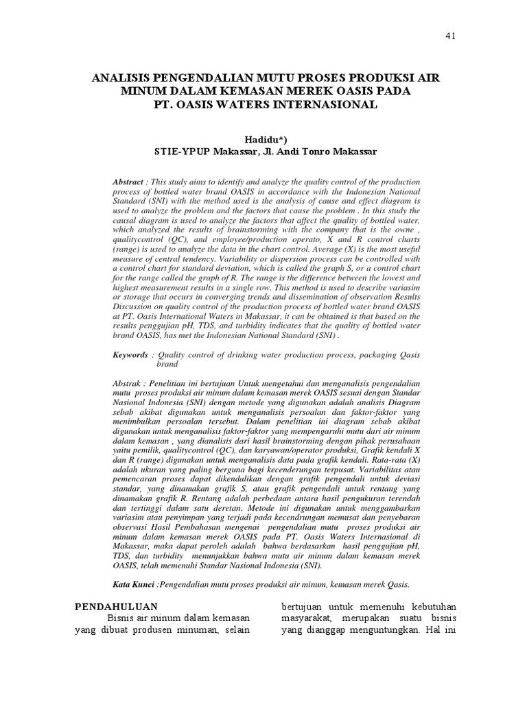 Analisis Pengendalian Mutu Proses Produksi Air Minum Dalam Kemasan Merek Oasis Pada Pt. Oasis ...