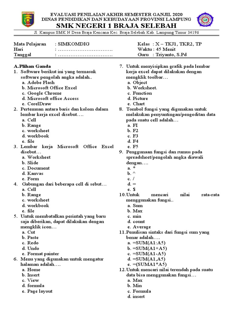 Soal SIMKOMDIG Kelas X SMK | PDF