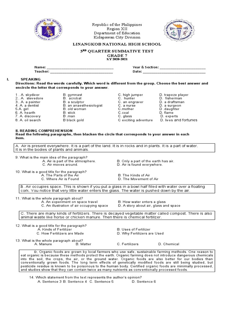 Grade 7 Summative Test: 3rd Quarter | PDF | Organic Foods | Organic Farming