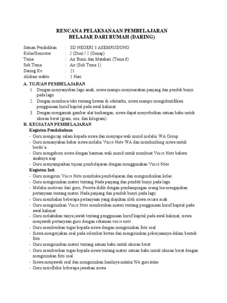 RPP Daring Kelas 2 Tema 6 | PDF