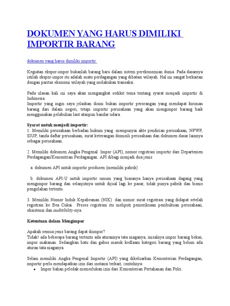 Syarat dan Dokumen Wajib Importir | PDF