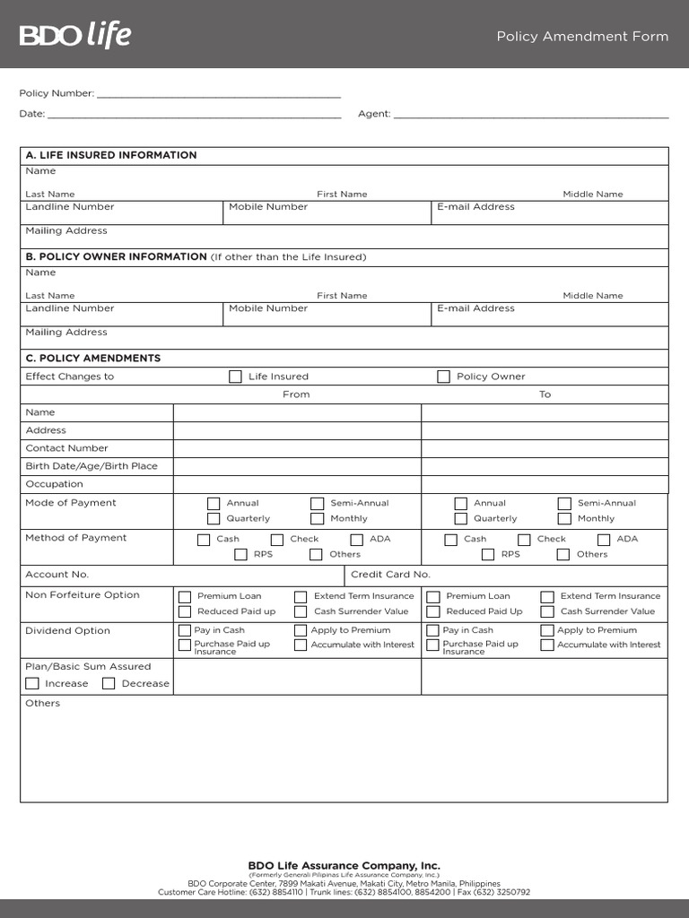 Policy Amendment Form Fillable Pdf Life Insurance Insurance