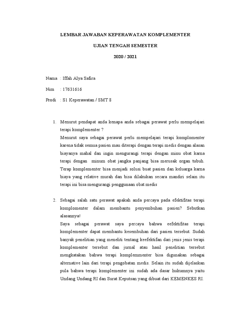 Lembar Jawab Uts Komplementer (Ffah Alya Safira 17931616) | PDF