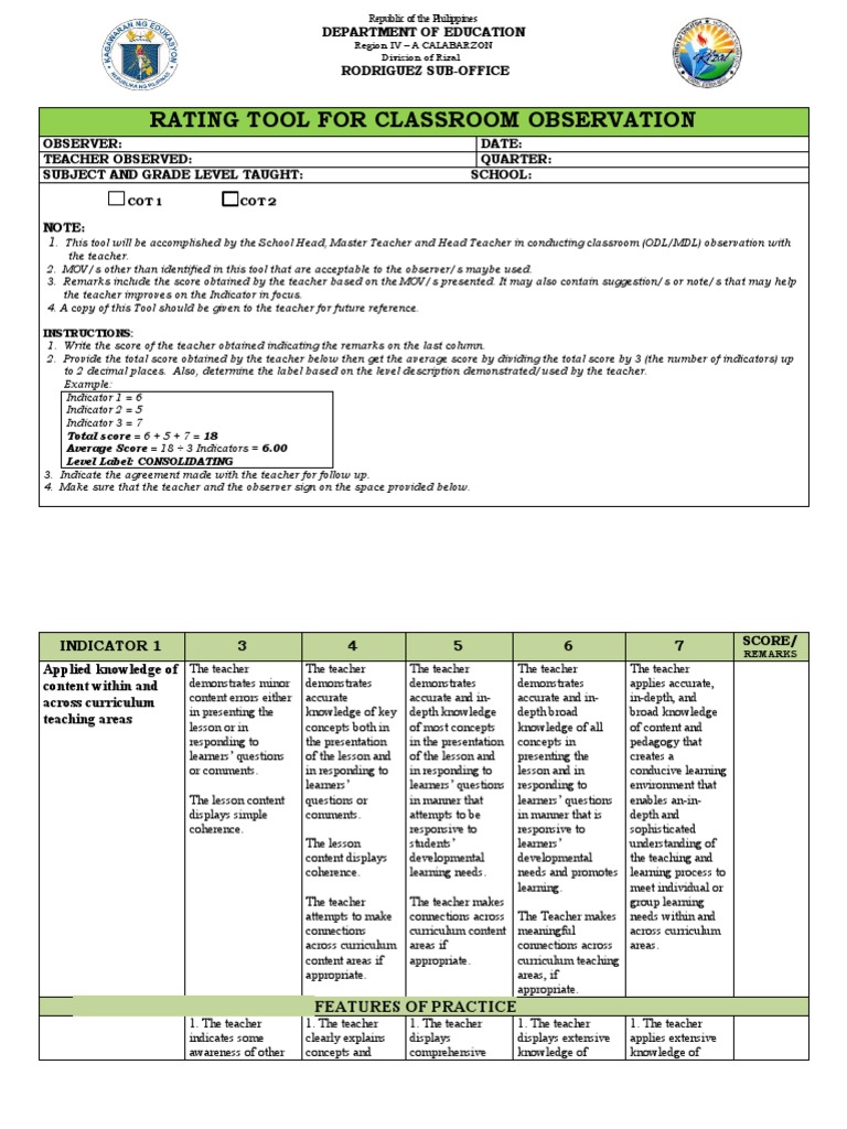Classroom Observation Rating Tool | PDF | Teachers | Educational Technology