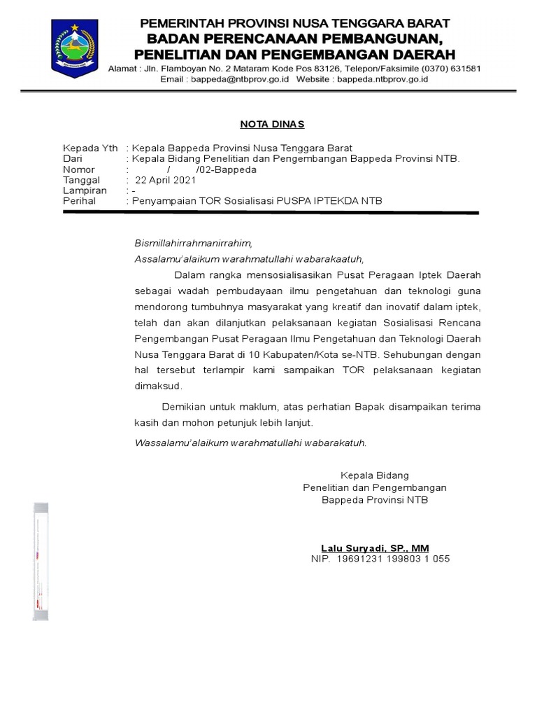Surat Pengantar Tor Sosialisasi Puspa Iptekda | PDF