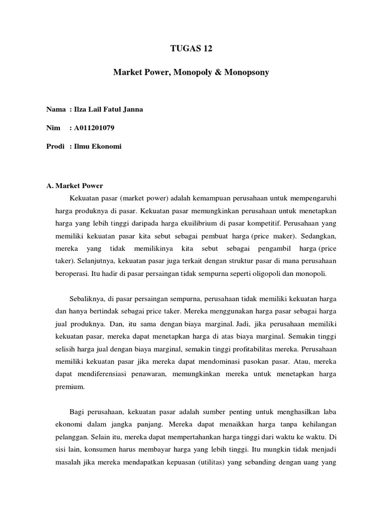TUGAS 12 Market Power, Monopoly & Monopsony - Ilza Lail Fatul Janna - A011201079 | PDF
