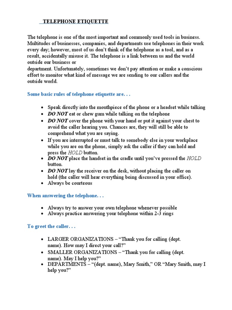 Some Basic Rules of Telephone Etiquette Are. . | PDF | Telephone Call ...