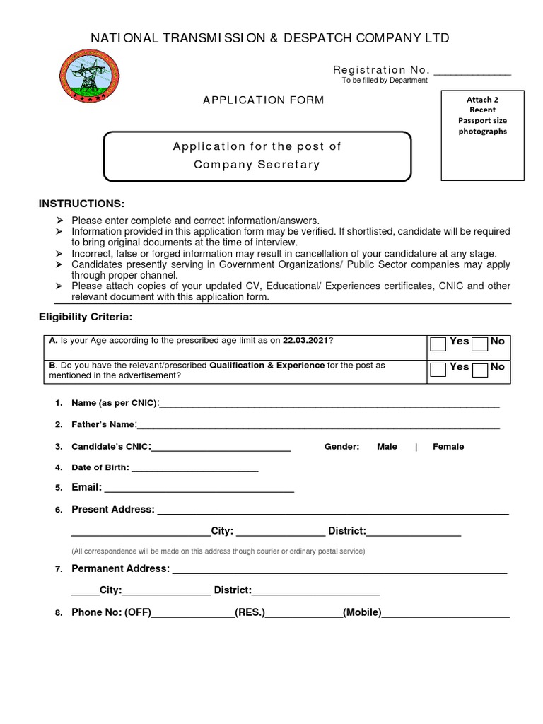 Application Form For The Position of Company Secretary | PDF | Academic ...