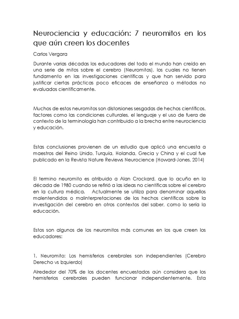 Neuromitos en la educación actual | PDF | Hemisferio cerebral | Cerebro
