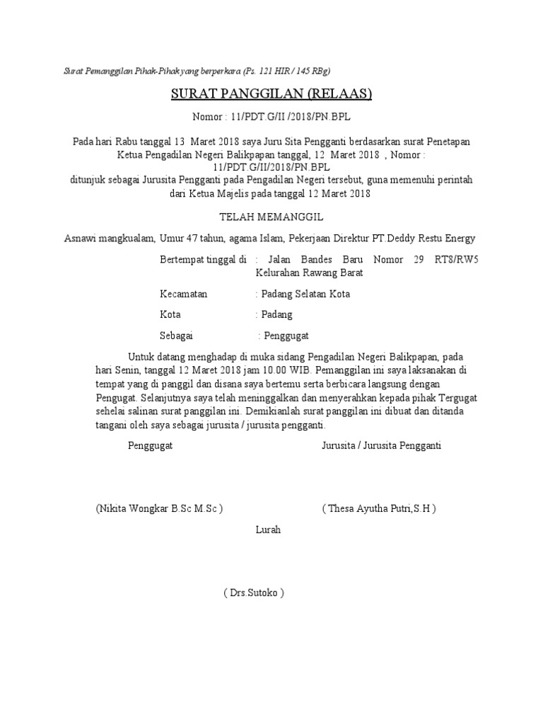 Surat Pemanggilan Pihak Penggugat | PDF