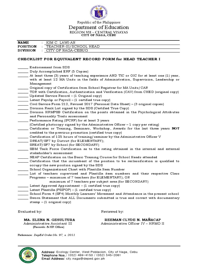 Department of Education: Checklist For Equivalent Record Form For Head Teacher I | PDF | Human ...