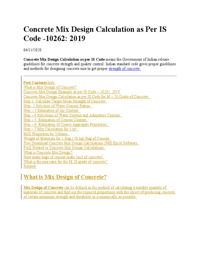 Concrete Mix Design Calculation As Per IS Code | PDF | Construction ...