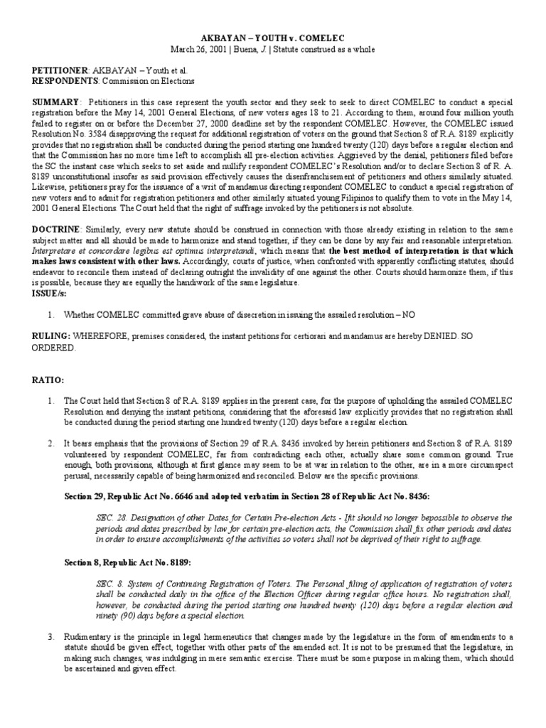 Akbayan Youth v. Comelec.c6docx | PDF | Commission On Elections (Philippines) | Mandamus