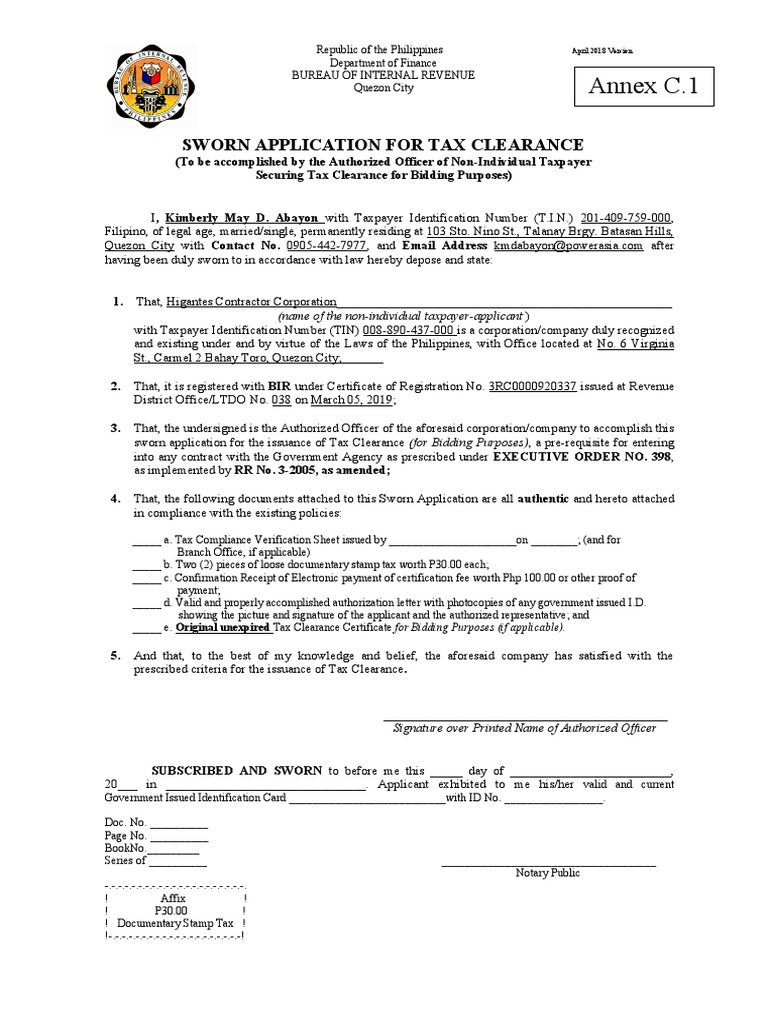Annex C.1: Sworn Application For Tax Clearance | PDF | Identity Document | Payments