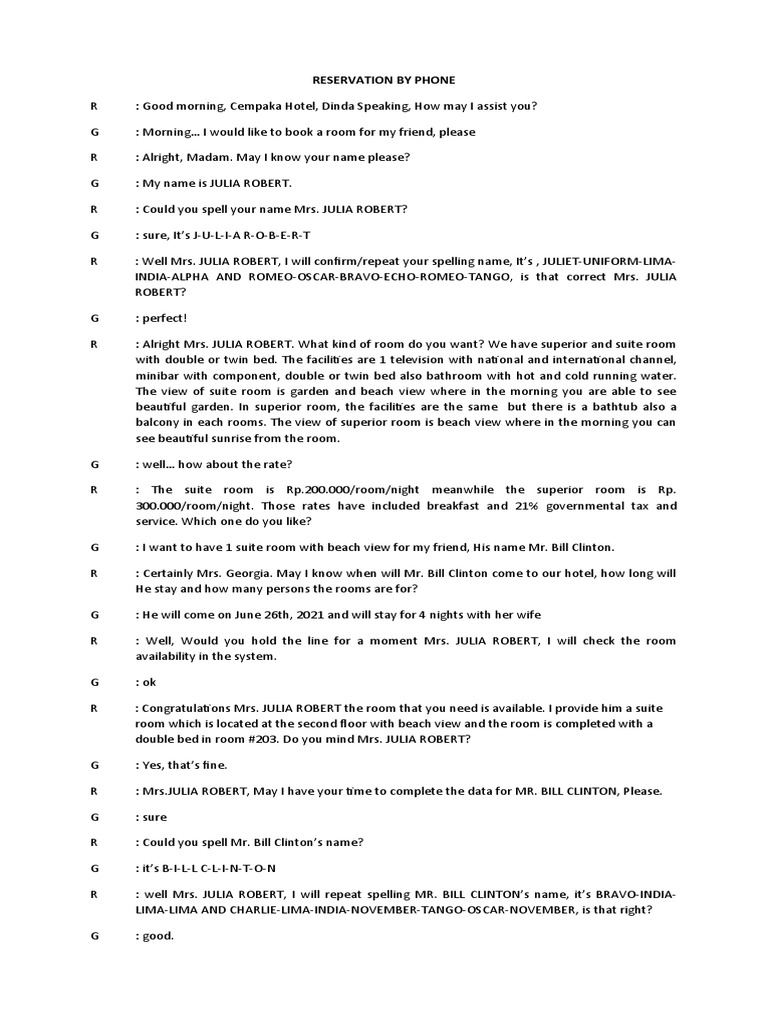 Dialogue RESERVATION by Phone-1 | PDF | Business | Hotel And Accommodation