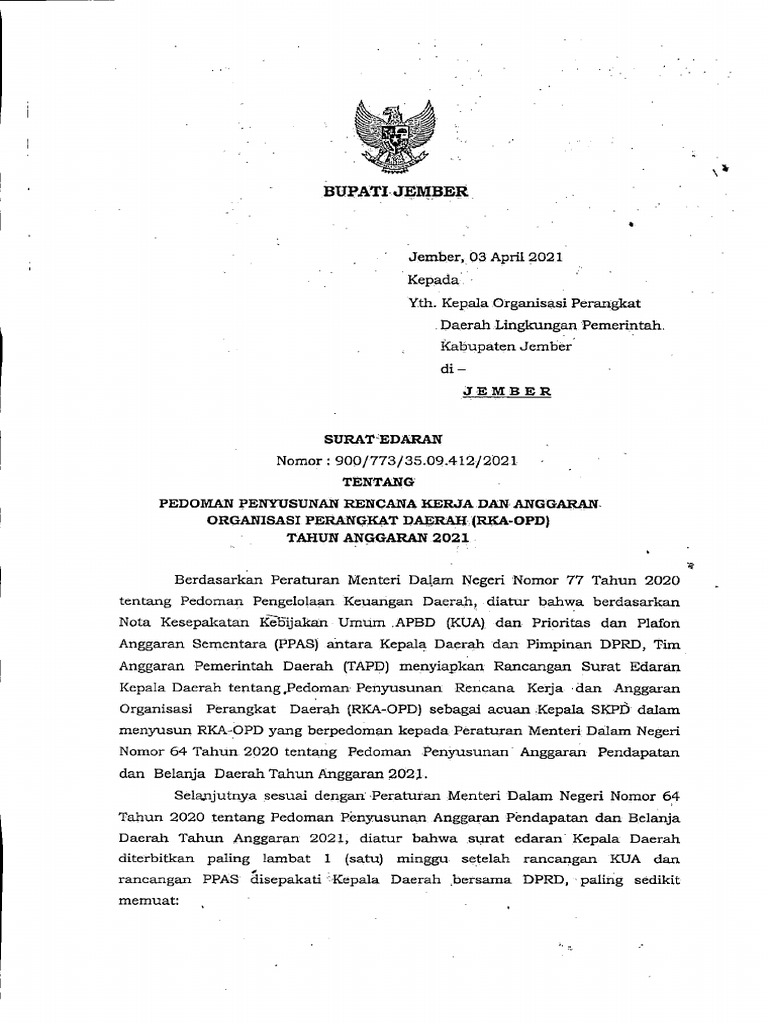 Surat Edaran Bupati Tentang Pedoman Penyusunan Rka Opd Ta 2021 | PDF