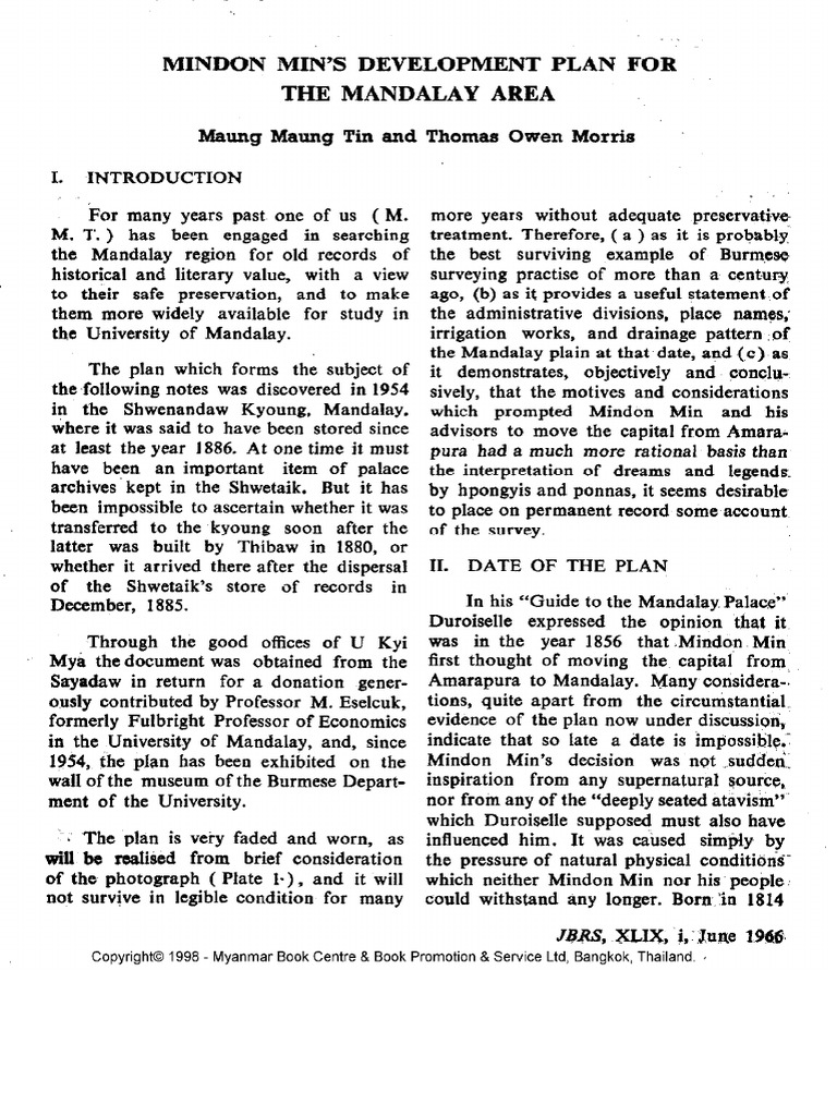 Mindon King Development Plan For The Mandalay Area by Maung Maung Tin ...