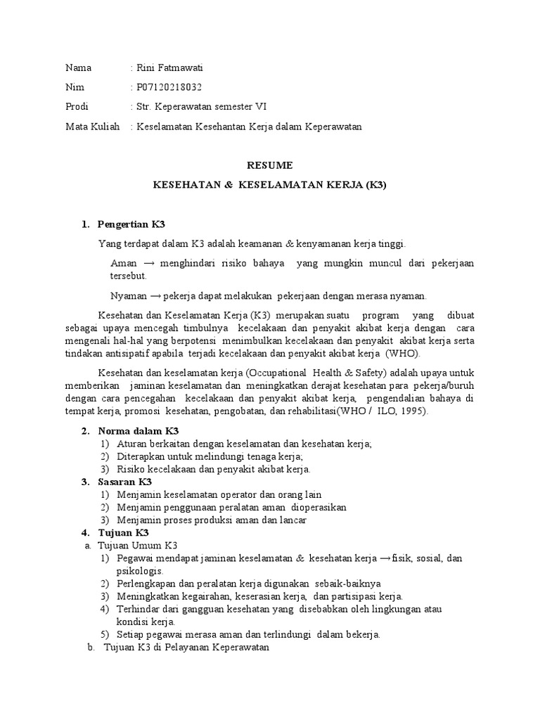 Resume K3. Rini Fatmawati. P07120218032. Sem 6 | PDF