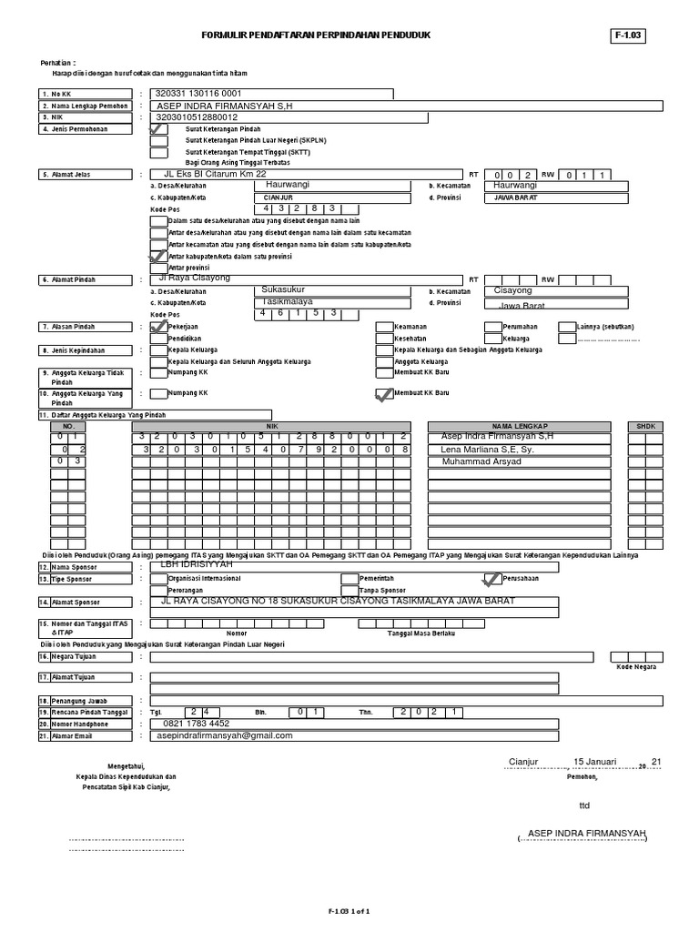F1 03 Pendaftaran Perpindahan Penduduk | PDF