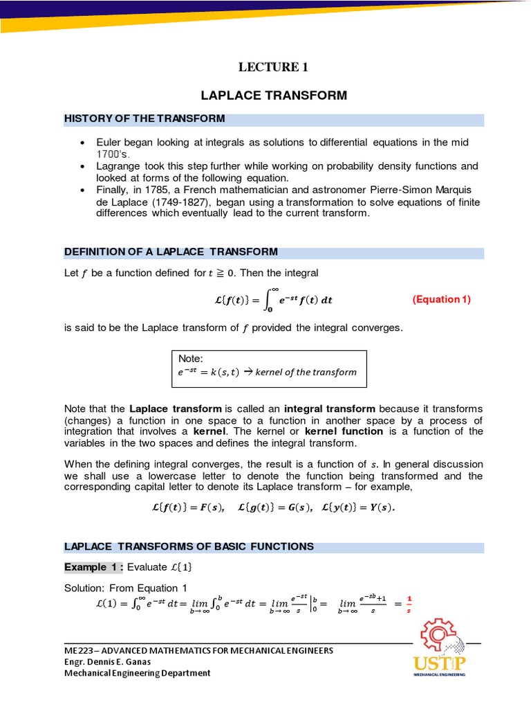 Lecture 1 - Laplace Transforms | PDF | Laplace Transform | Functions And Mappings