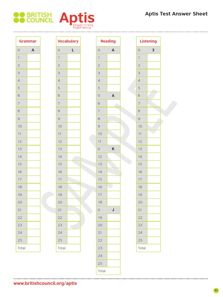 Aptis Test Answer Sheet | PDF | Question | Reading Comprehension