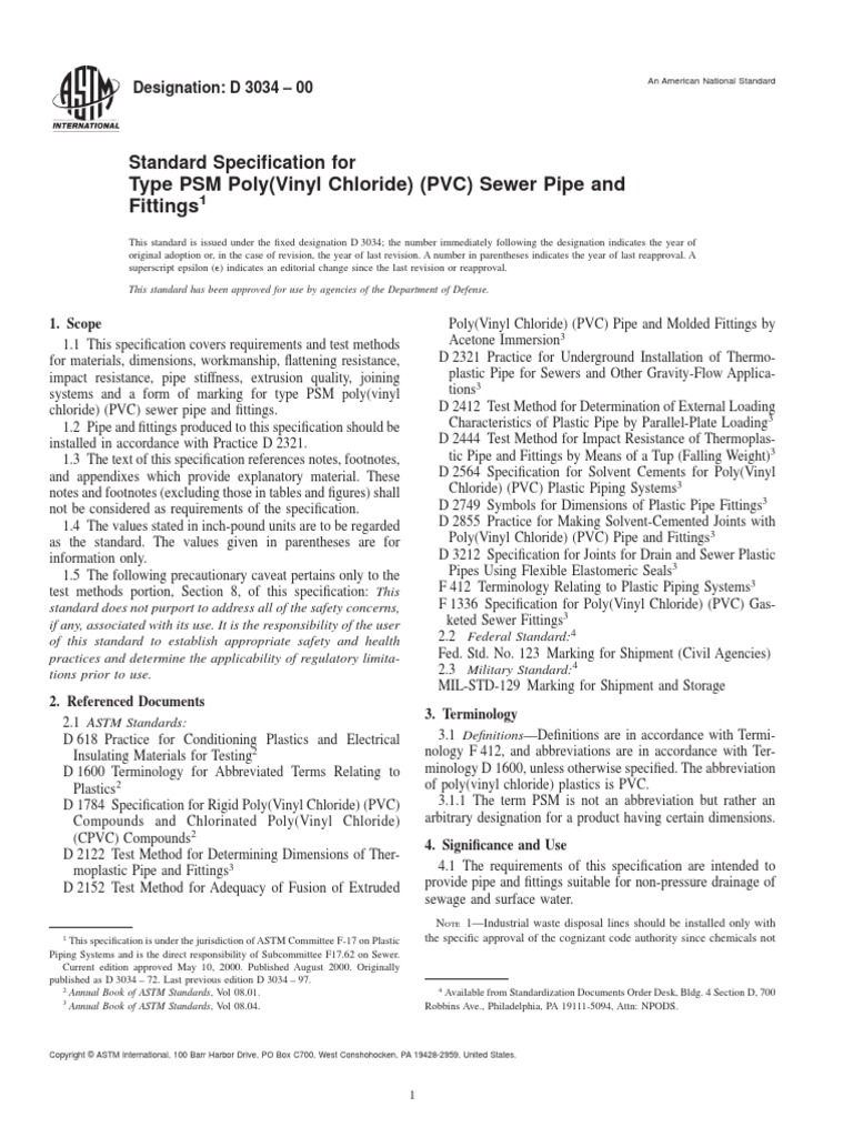 Type PSM Poly (Vinyl Chloride) (PVC) Sewer Pipe and Fittings: Standard ...