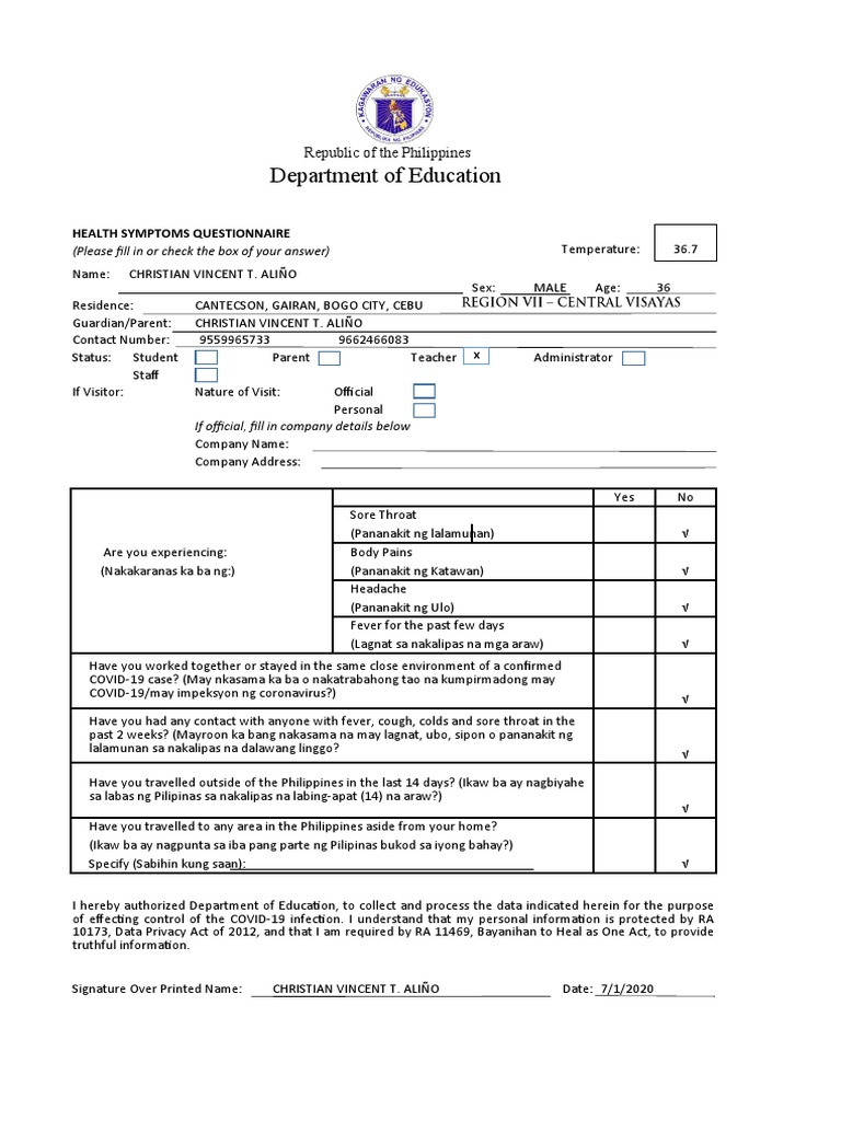 Health Symptoms Questionnaire | PDF | Microbiology | Health Sciences