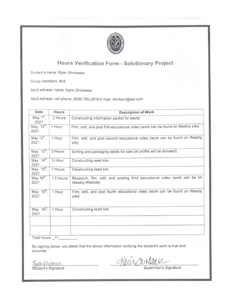 Hours Verification Form - Solutionary Project | PDF