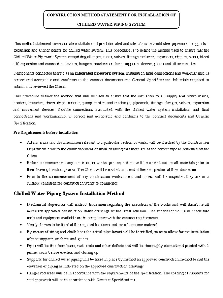Construction Method Statement For Installation of Chilled Water Piping ...