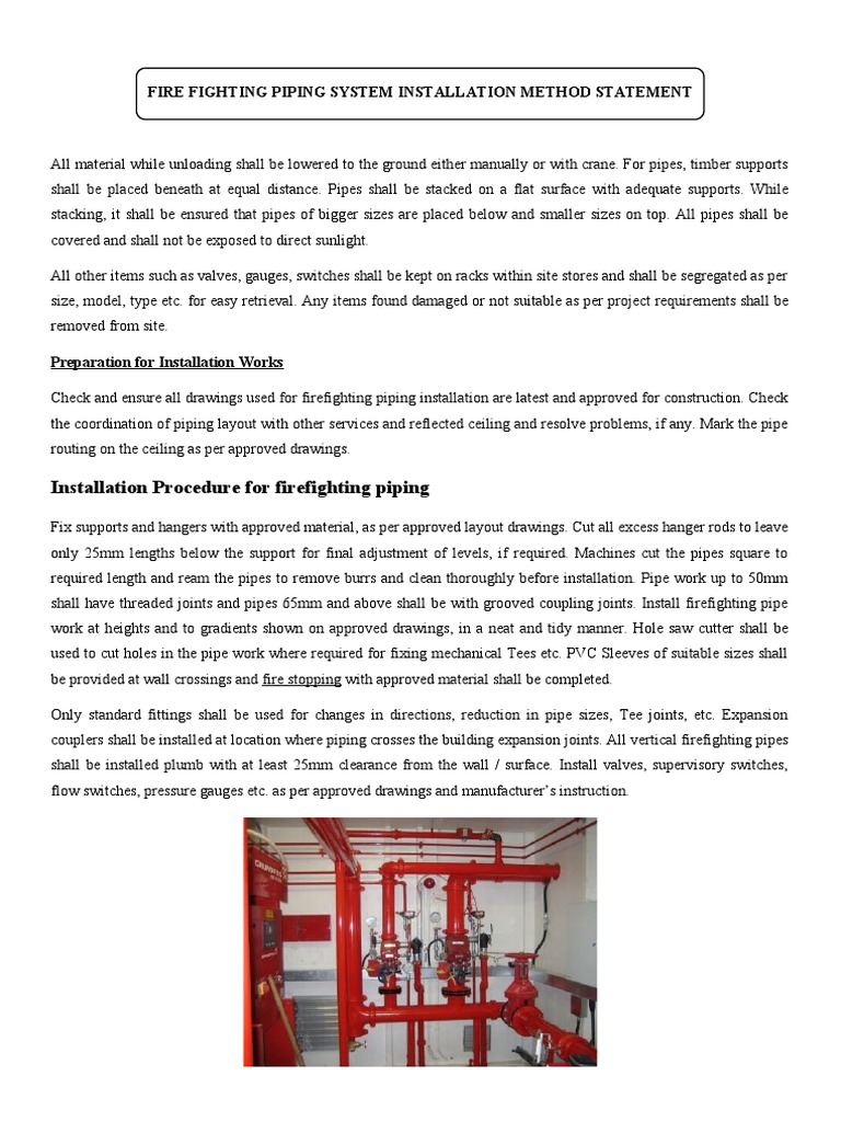 Fire Fighting Piping System Installation Method Statement | PDF ...
