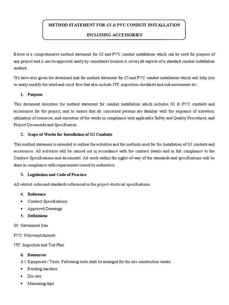 Method Statement For GI & PVC Conduit Installation Including ...