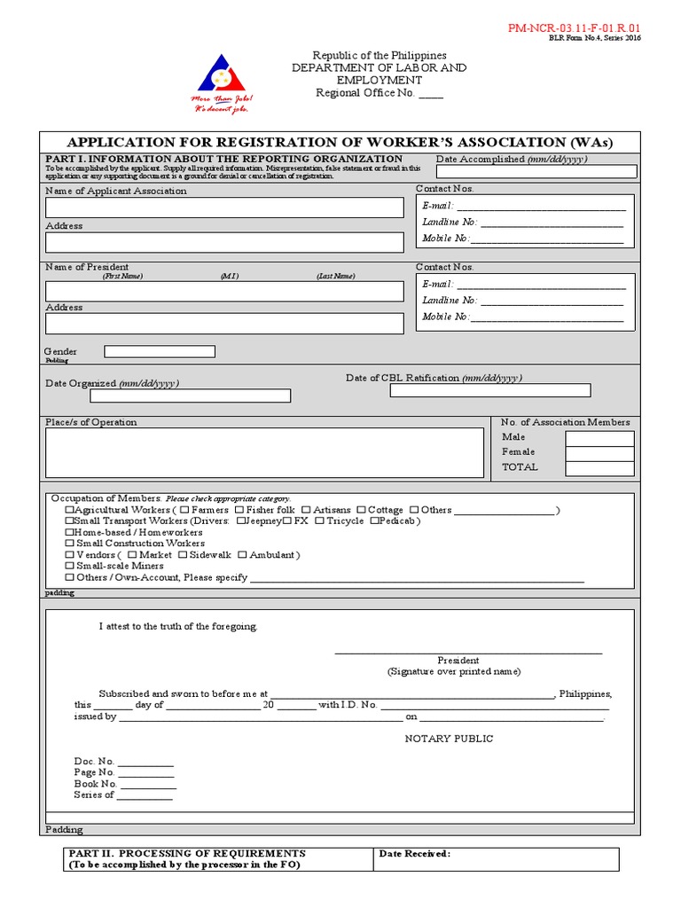 Application Form For Registration of Workers Association | PDF ...