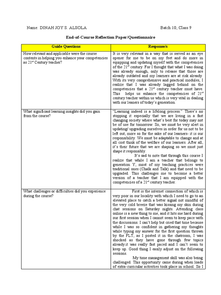 End-of-Course Reflection Paper | PDF | Applied Psychology | Learning