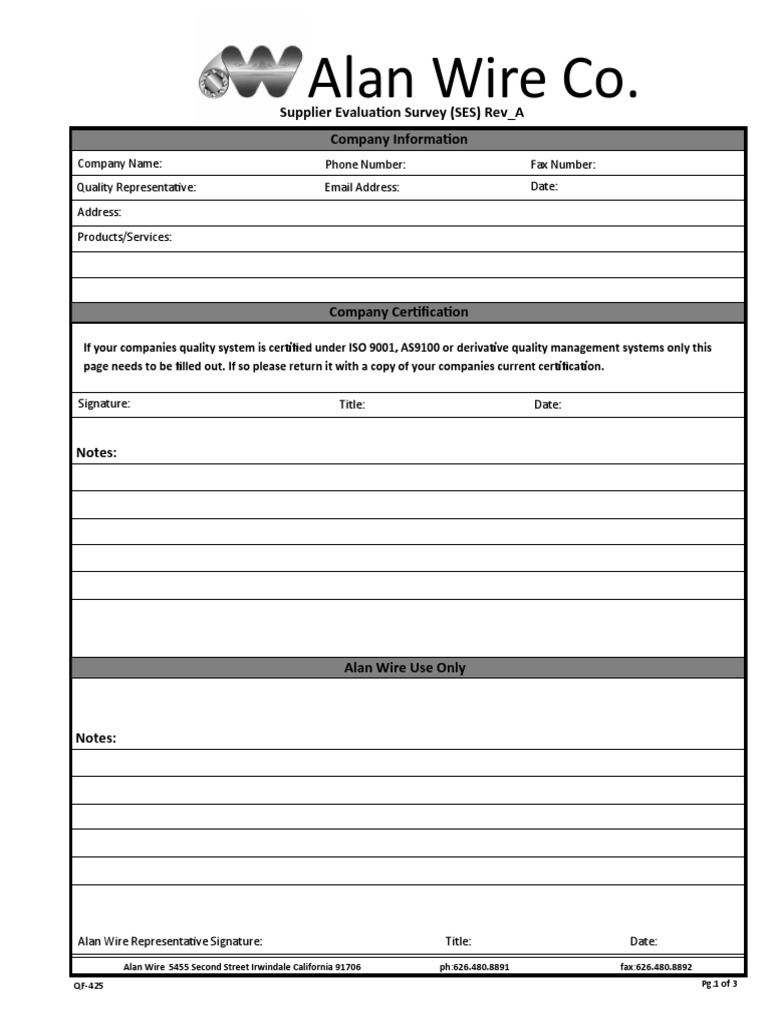 Alan Wire Co.: Supplier Evaluation Survey (SES) Rev - A Company ...