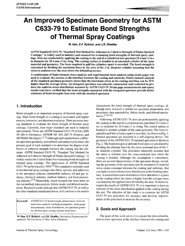 An Improved Specimen Geometry For ASTM C633-79 To Estimate Bond Strengths of Thermal Spray ...