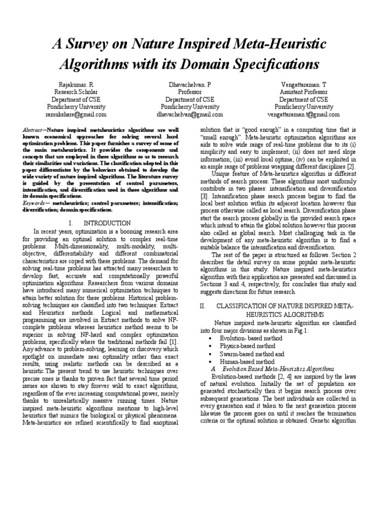 Survey On Nature Inspired Meta Heuristic Pdf Metaheuristic Genetic Algorithm